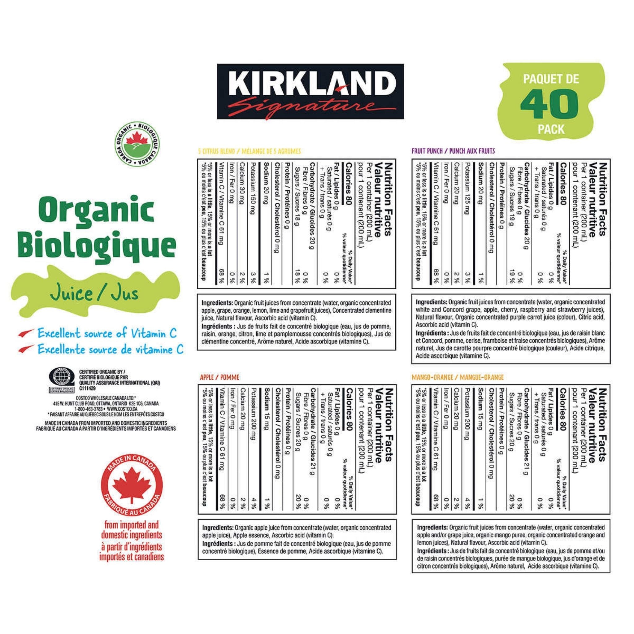 Kirkland Signature Organic Juice Assorted Flavours - 40 x 200 Grams ...